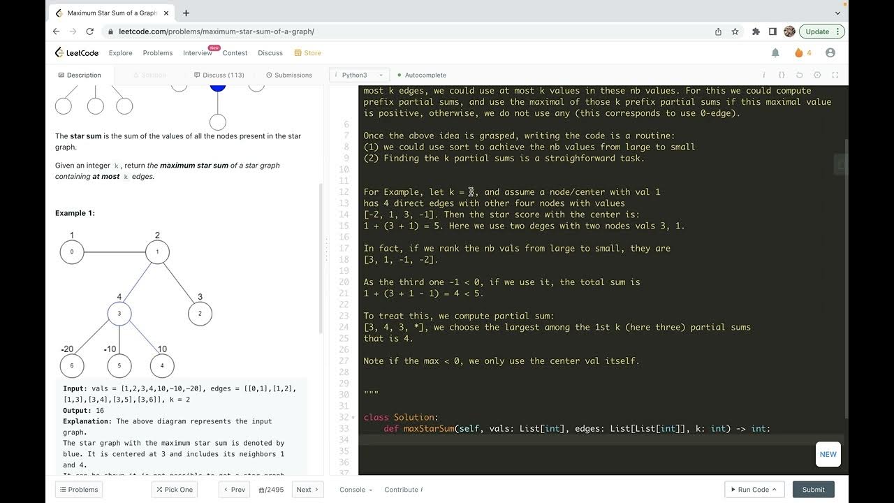 leetcode 2497. Maximum Star Sum of a Graph - graph concepts and partial sums - YouTube