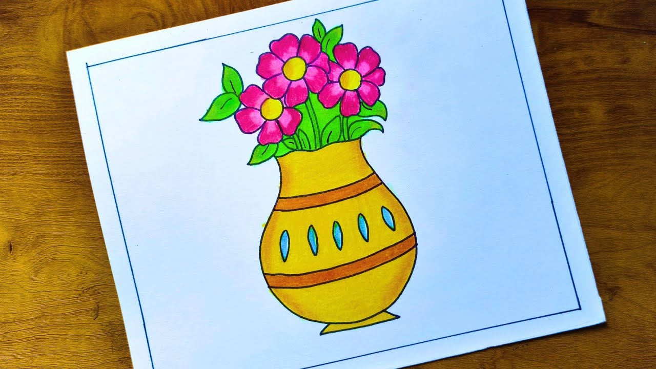 Easy and Simple Flower pot drawing | How to draw flower pot step by ...