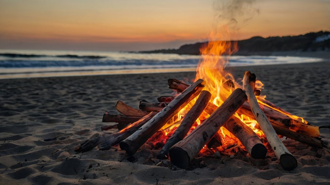 Relax with a Fireplace and Fire Crackling at Sunset Beach. Fireplace ...