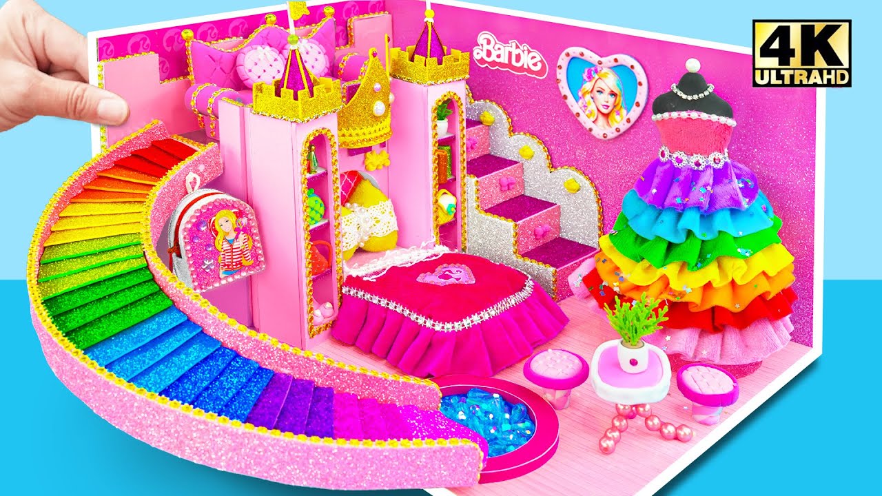 How To Make Barbie Doll Castle with Bunk Bed, Rainbow Stairs & Prom ...