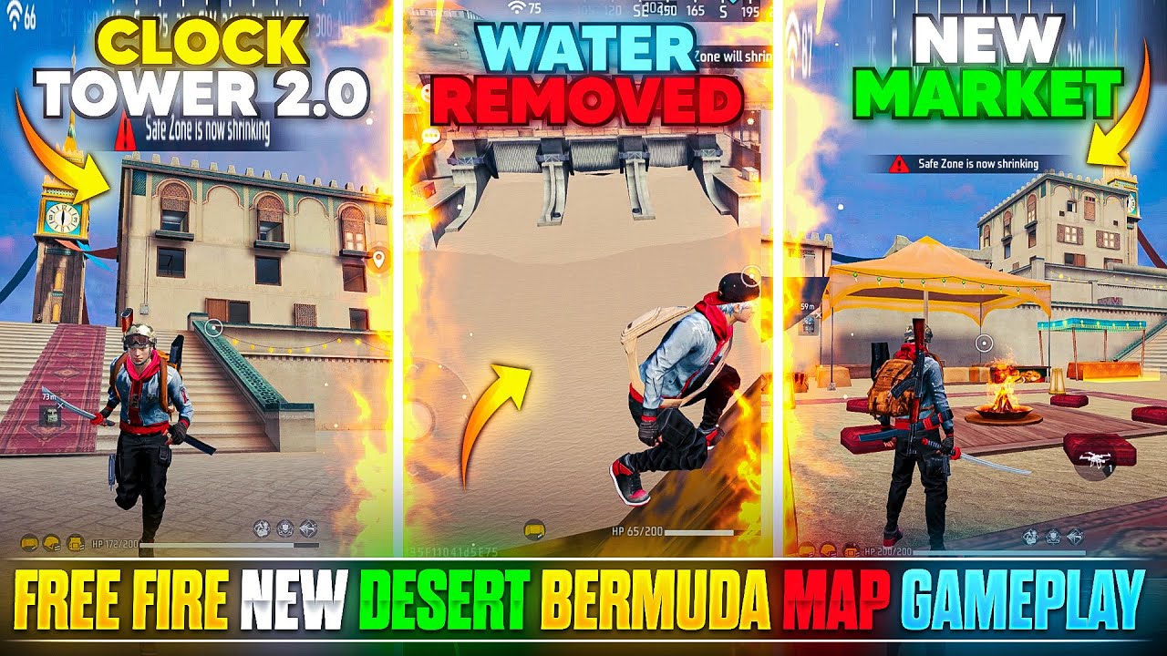 FREE FIRE NEW DESERT BERMUDA MAP GAMEPLAY | FREE FIRE NEW CLOCK TOWER ...