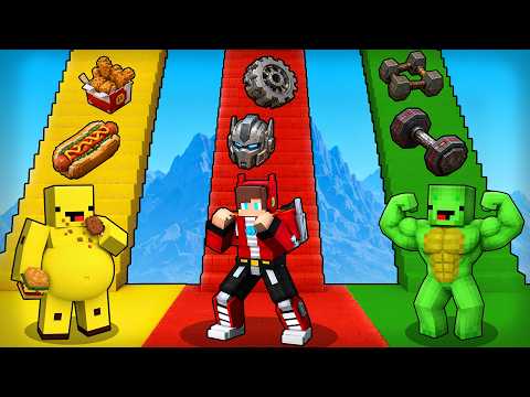 Banana Kid & JJ & Mikey: FAT vs TRANSFORMER vs SPORT STAIRS BATTLE in Minecraft - Challenge