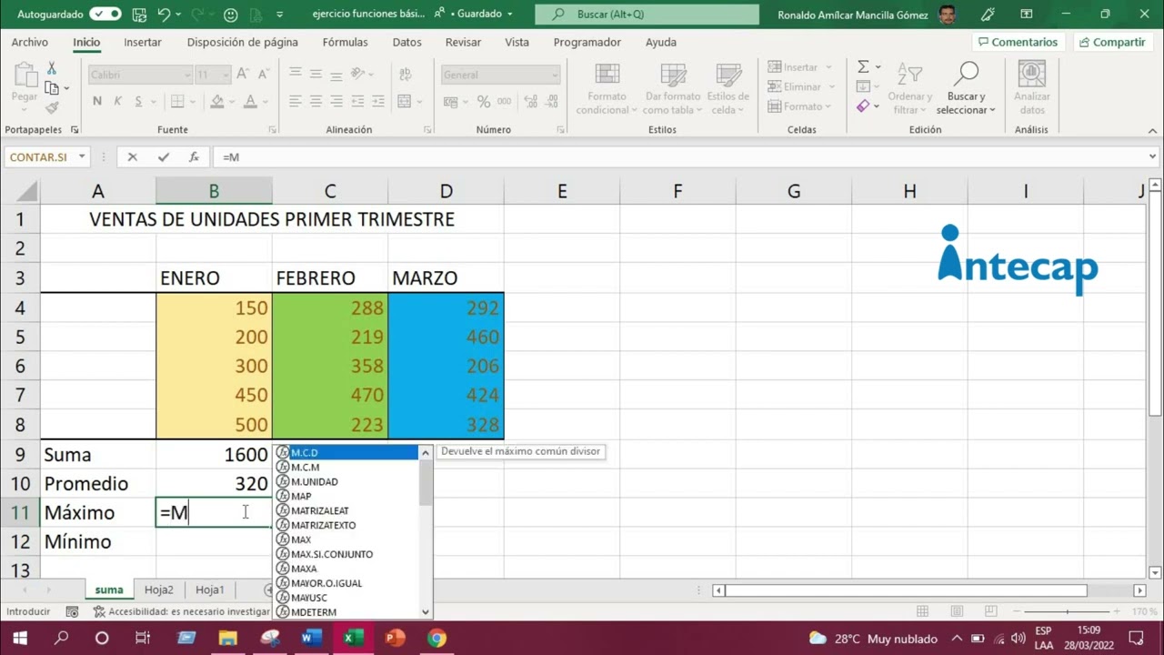 Función suma, promedio, máximo y mínimo en excel - YouTube