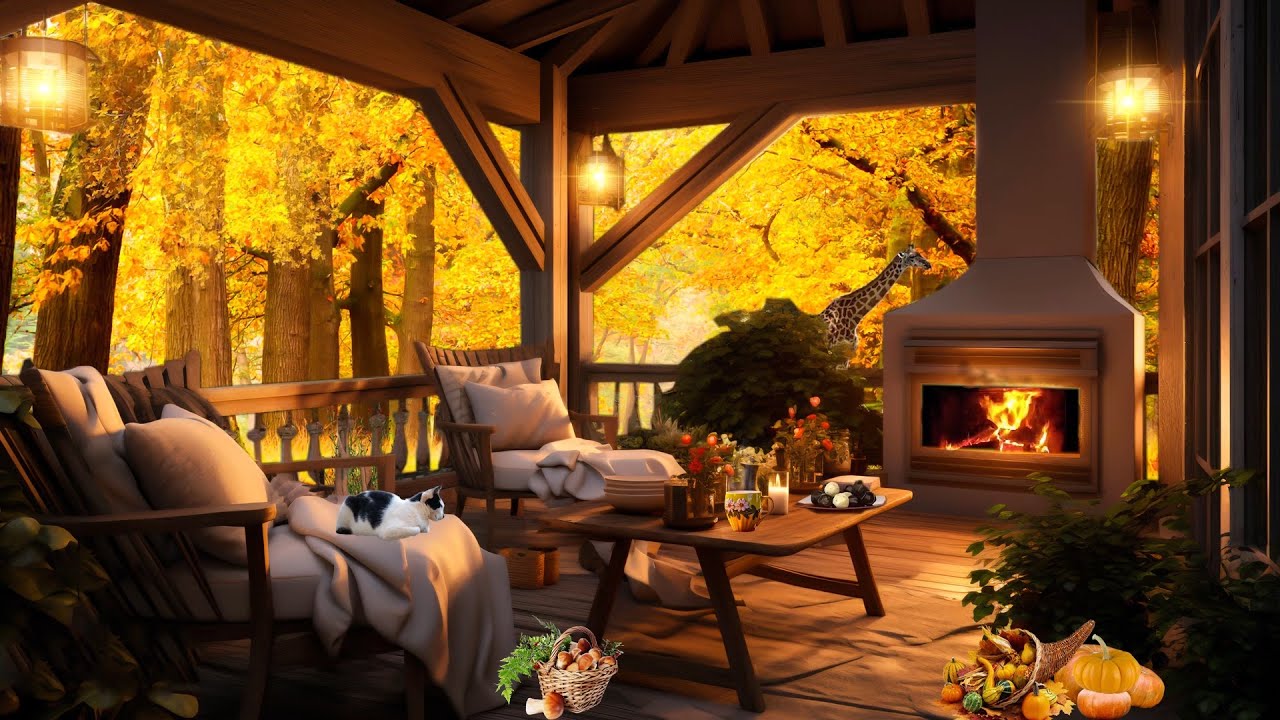 Cozy Autumn Porch Ambience with Morning Birdsong and Relaxing Campfire ...