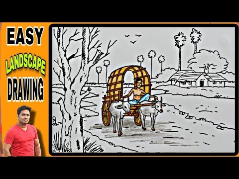 How To Draw Village Scenery with Bullock cart | Easy Landscape Drawing ...