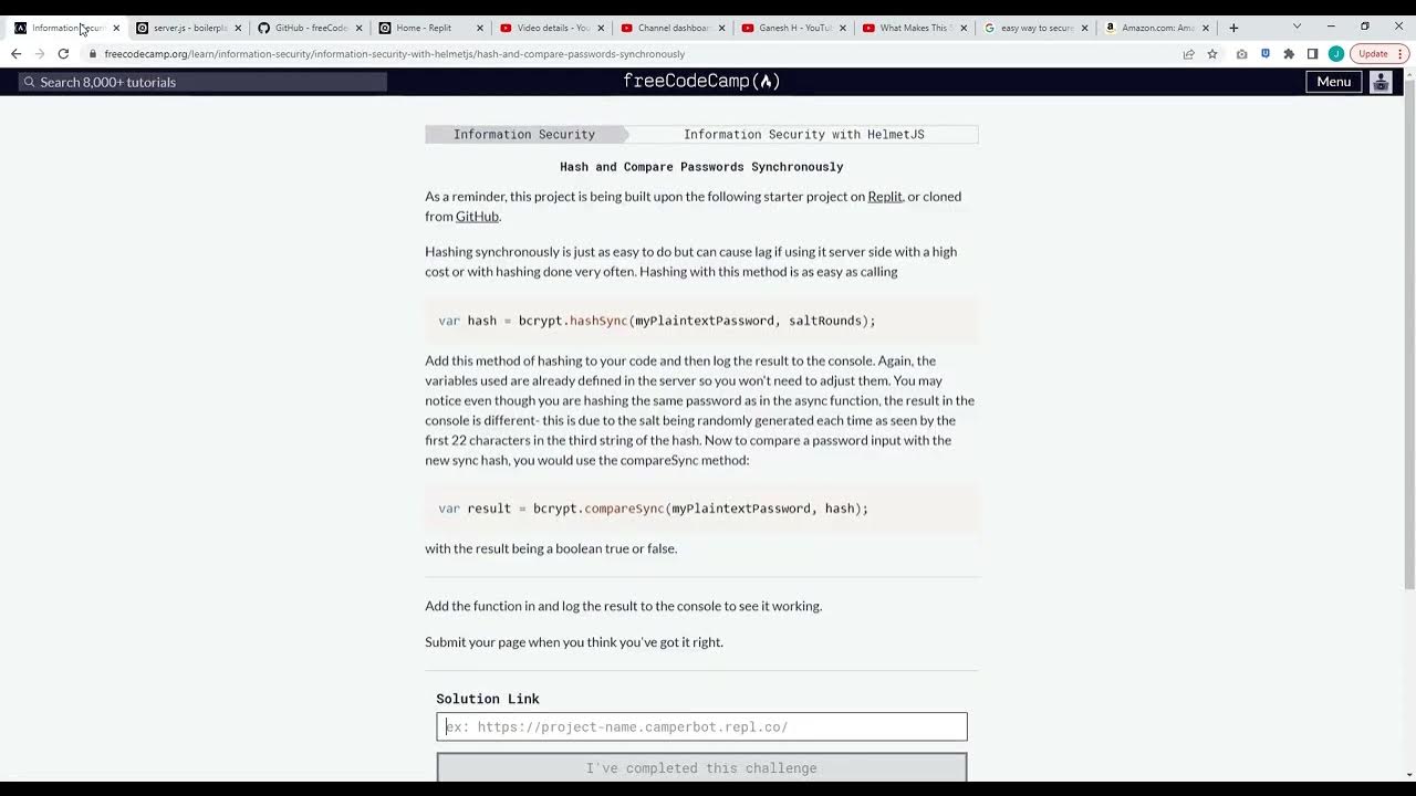 Information Security with HelmetJS Hash and Compare Passwords Synchronously Part 3 - YouTube