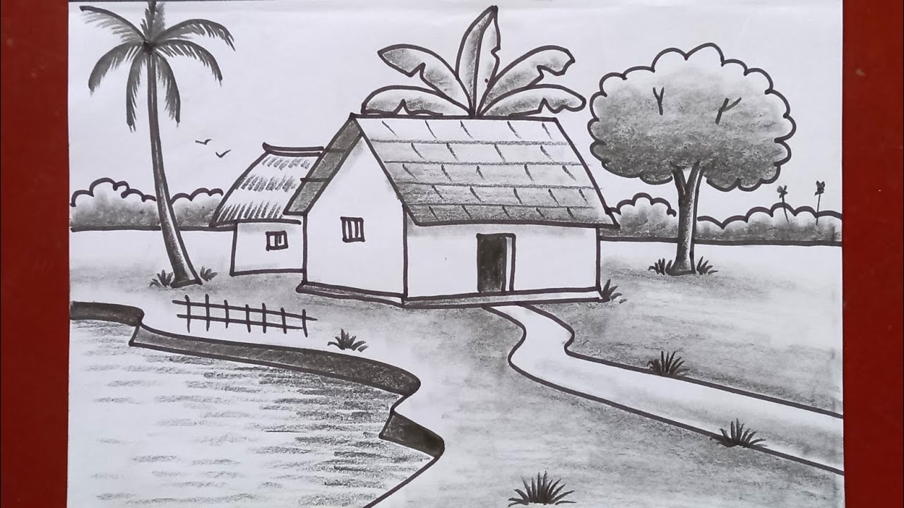 very easy house scenery drawing for beginners with pencil shading - YouTube