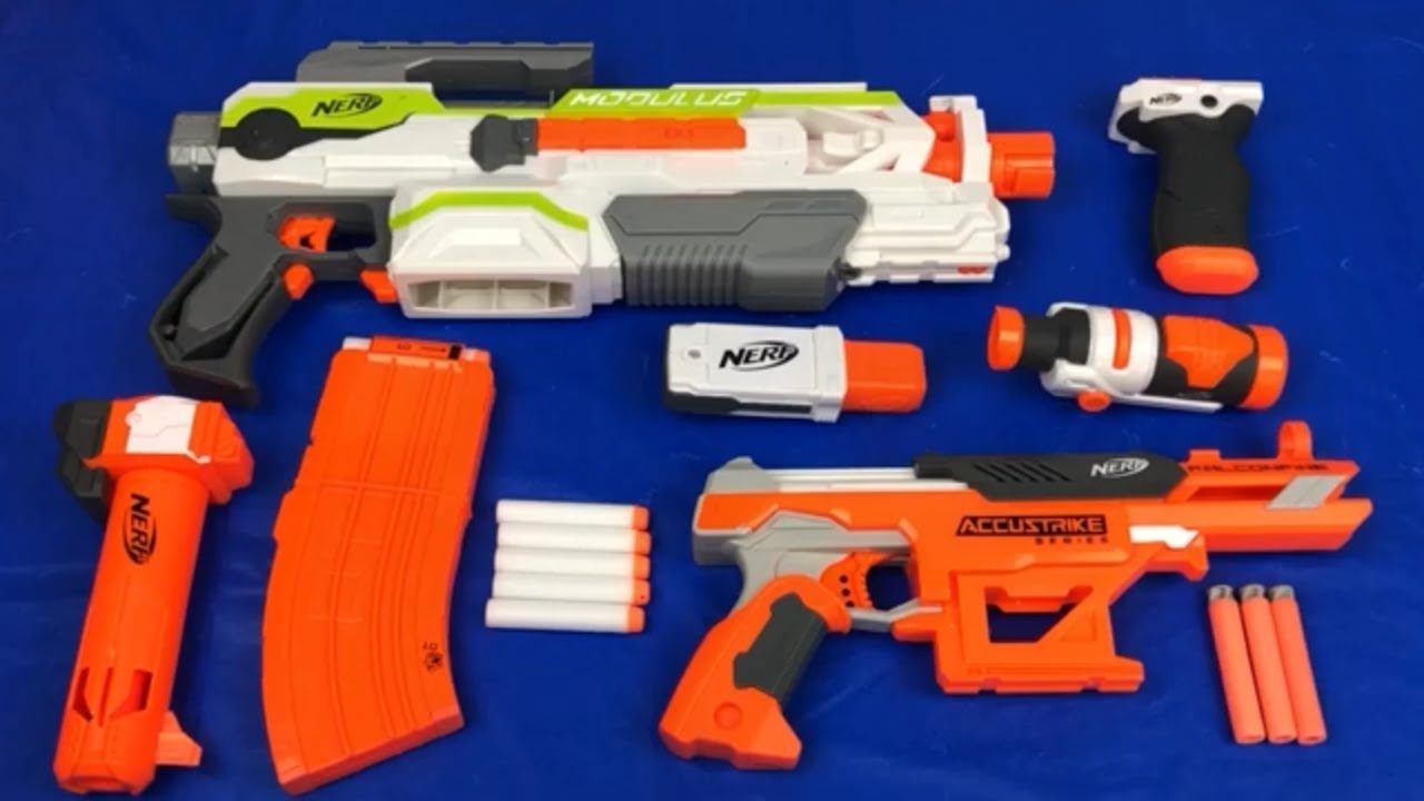 Nerf Blasters Box of Toys Nerf Modulus Accustrike Toy Guns - YouTube