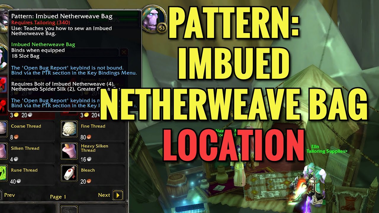 Pattern: Imbued Netherweave Bag Vendor Location (WoW TBC) - YouTube