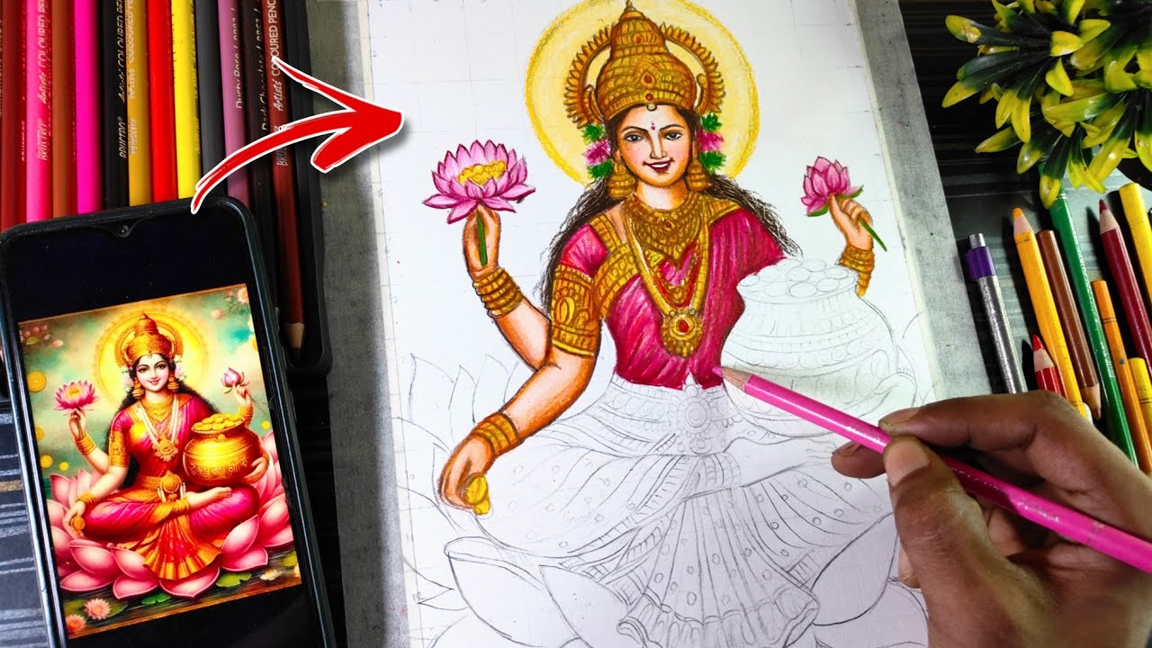 Maa Laxmi Drawing With Colour Pencil, How To Draw Lakshmi Mata, Lokkhi ...