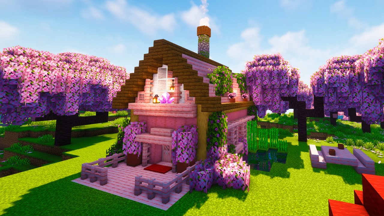 How to build a Large Cherry Blossom Survival House Minecraft - YouTube