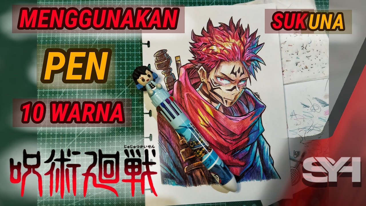 menggambar sukuna menggunakan pena 10 warna dengan mudah, untuk pemula ...