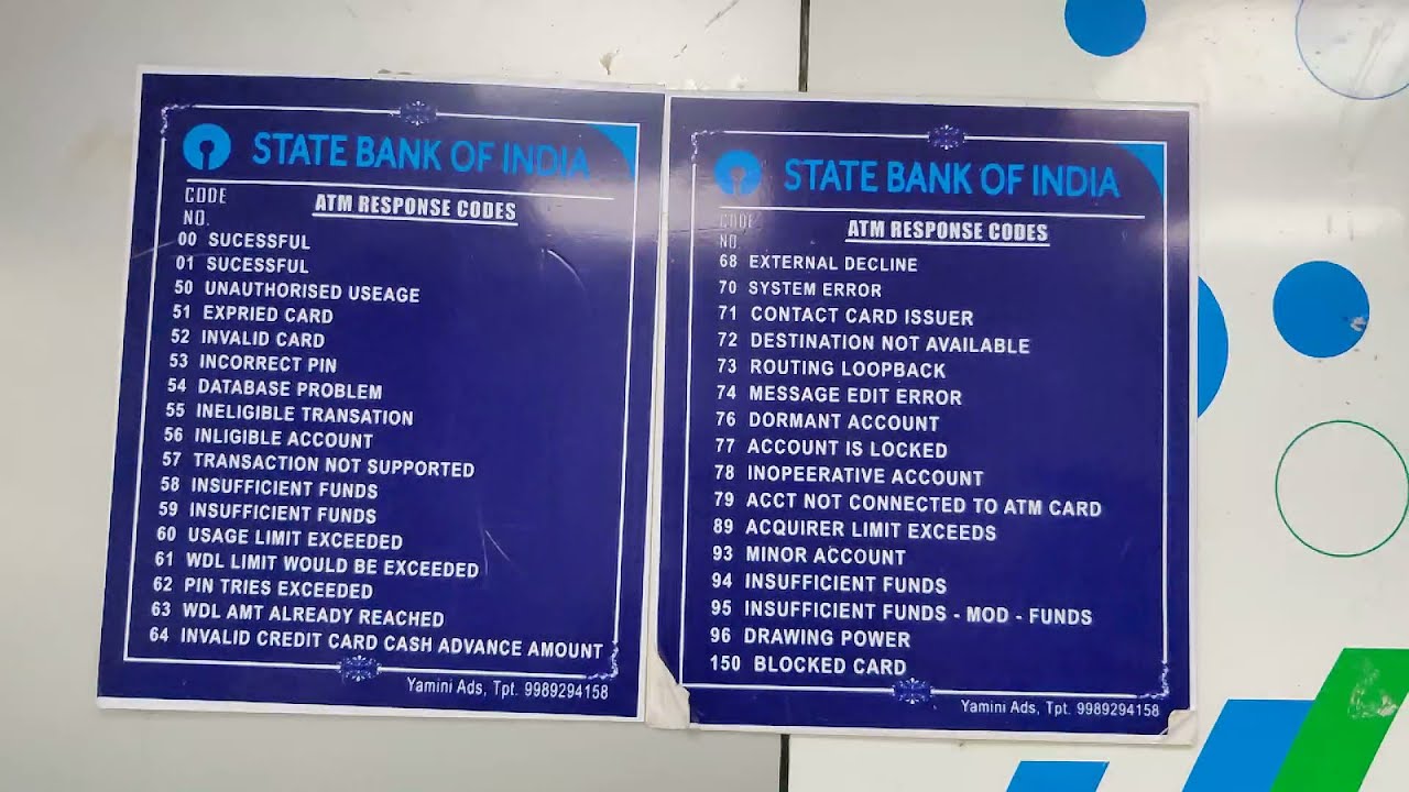 SBI Response Code List From SBI ATM YouTube
