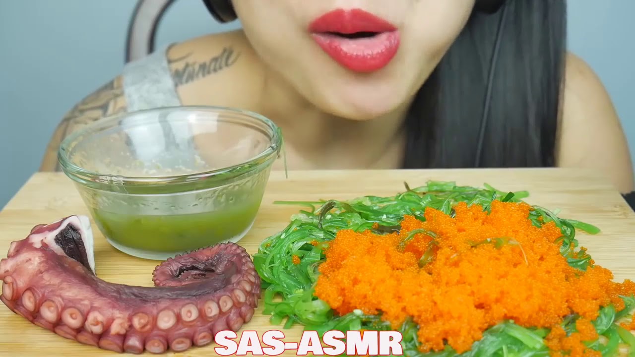ASMR Octopus *TAKO + Seaweed Salad + Tobiko eggs (CRUNCHY CHEWY EATING ...
