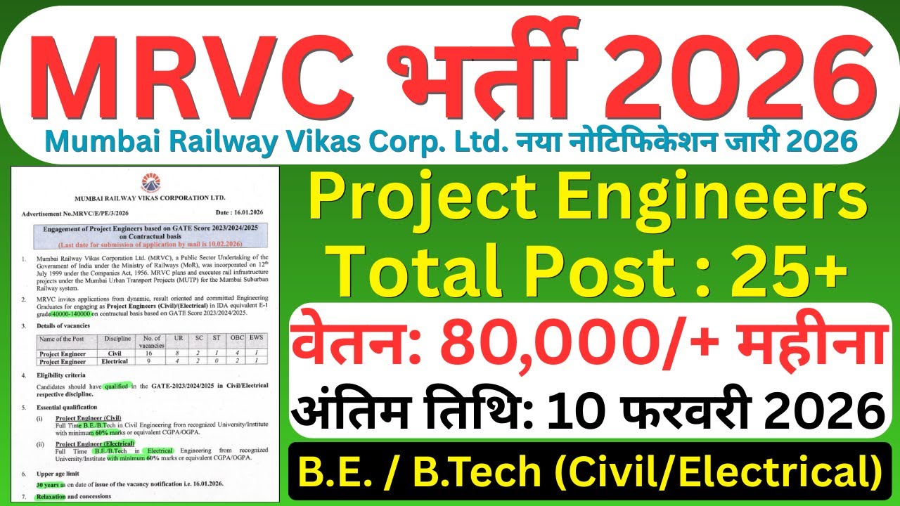 MRVC Project Engineer Recruitment 2026 - Apply by Mail for 25 Posts ...