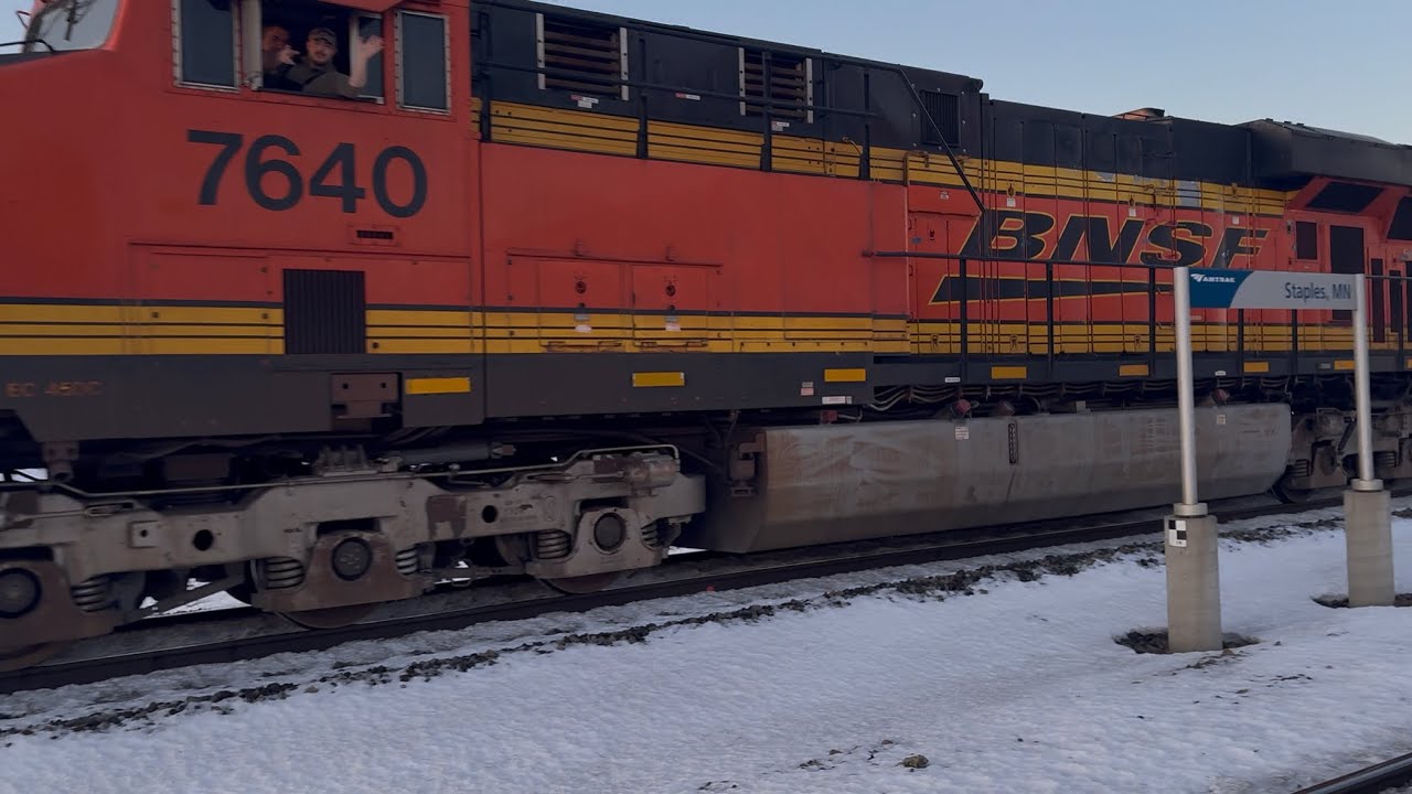 BNSF #7640 leads a EB manifest on the Staples Sub with friendly crew ...