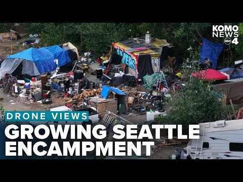 Drone footage shows growing south Seattle homeless encampment on public and private property