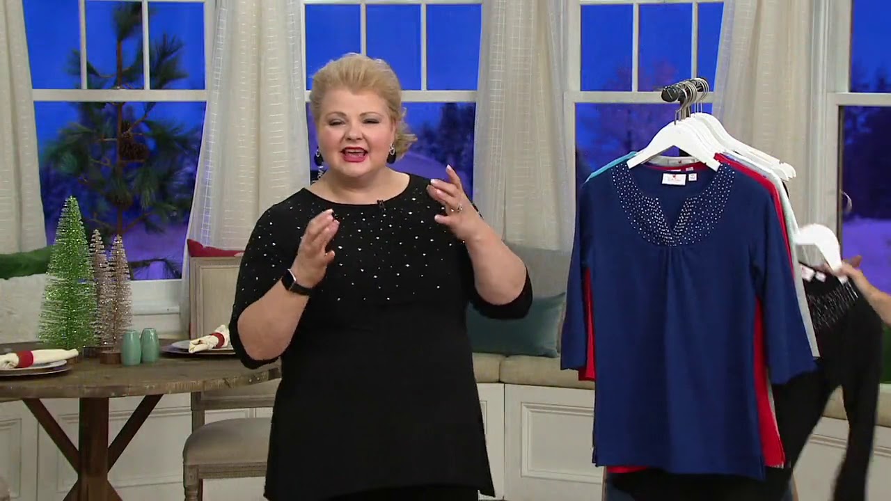 Quacker Factory Sparkle S/2 Ruched Split V-Neck T-shirts on QVC - YouTube