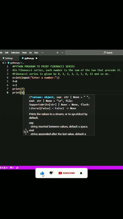 Python Program To Print Fibonacci Sequence Subscribe Python Pythonprogramming Coding
