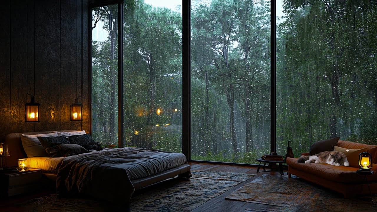 🌧️ Cozy Rainy Night Ambience Fireplace & Balcony Sounds for Deep ...