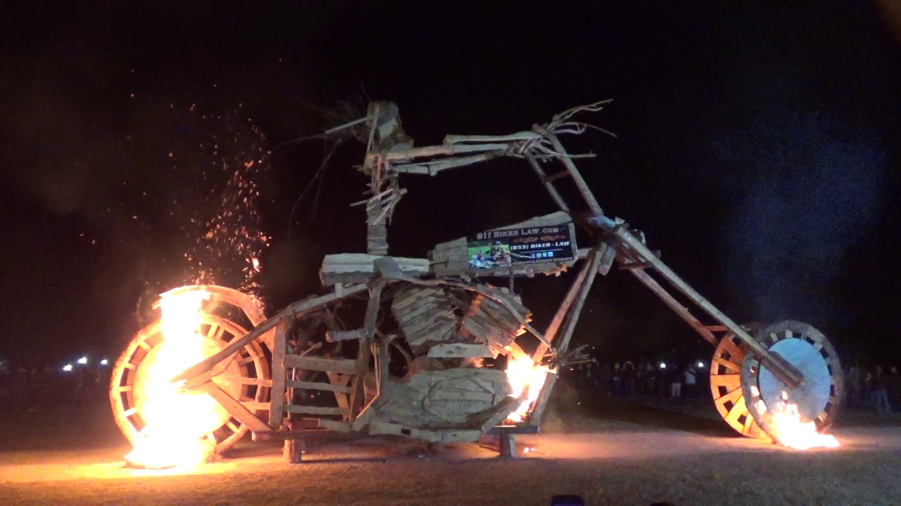 Burning Bike Sculpture Fastlane Campground Deland Bikeweek 2018 - YouTube