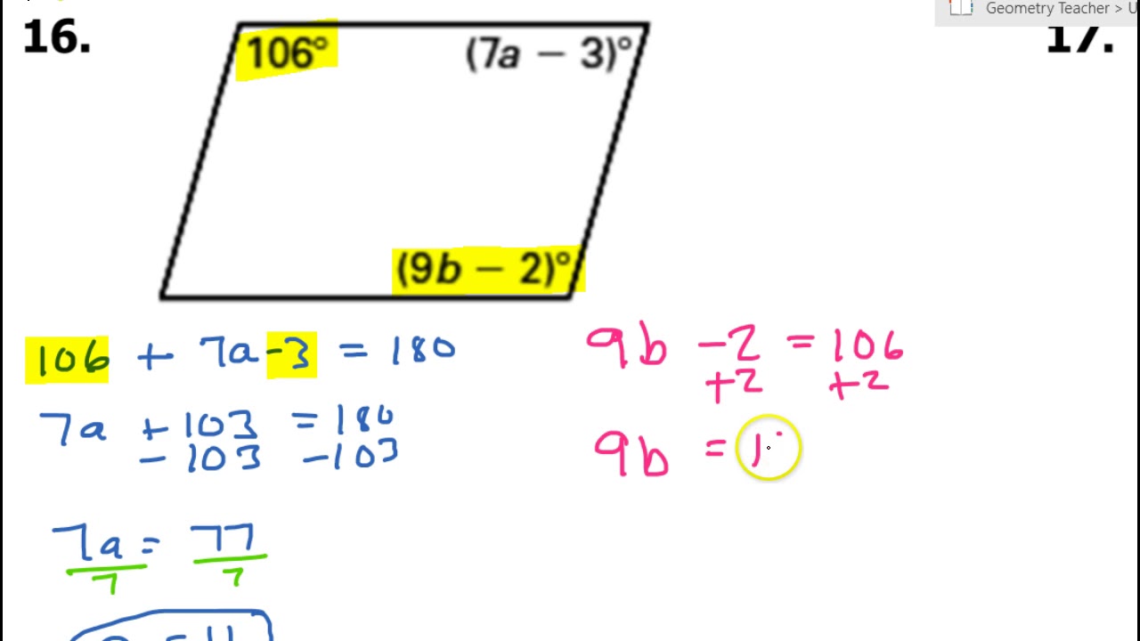 Day 08 HW (12 to 19) Properties of Parallelograms with Algebra - YouTube