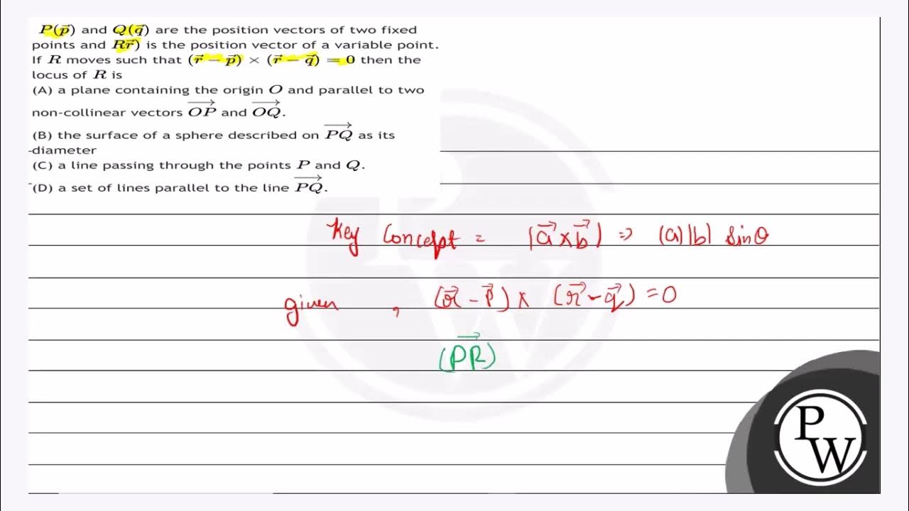 \( P(\vec{p}) \) and \( Q(\vec{q}) \) are the position vectors of two fixed points and \( R \vec ...