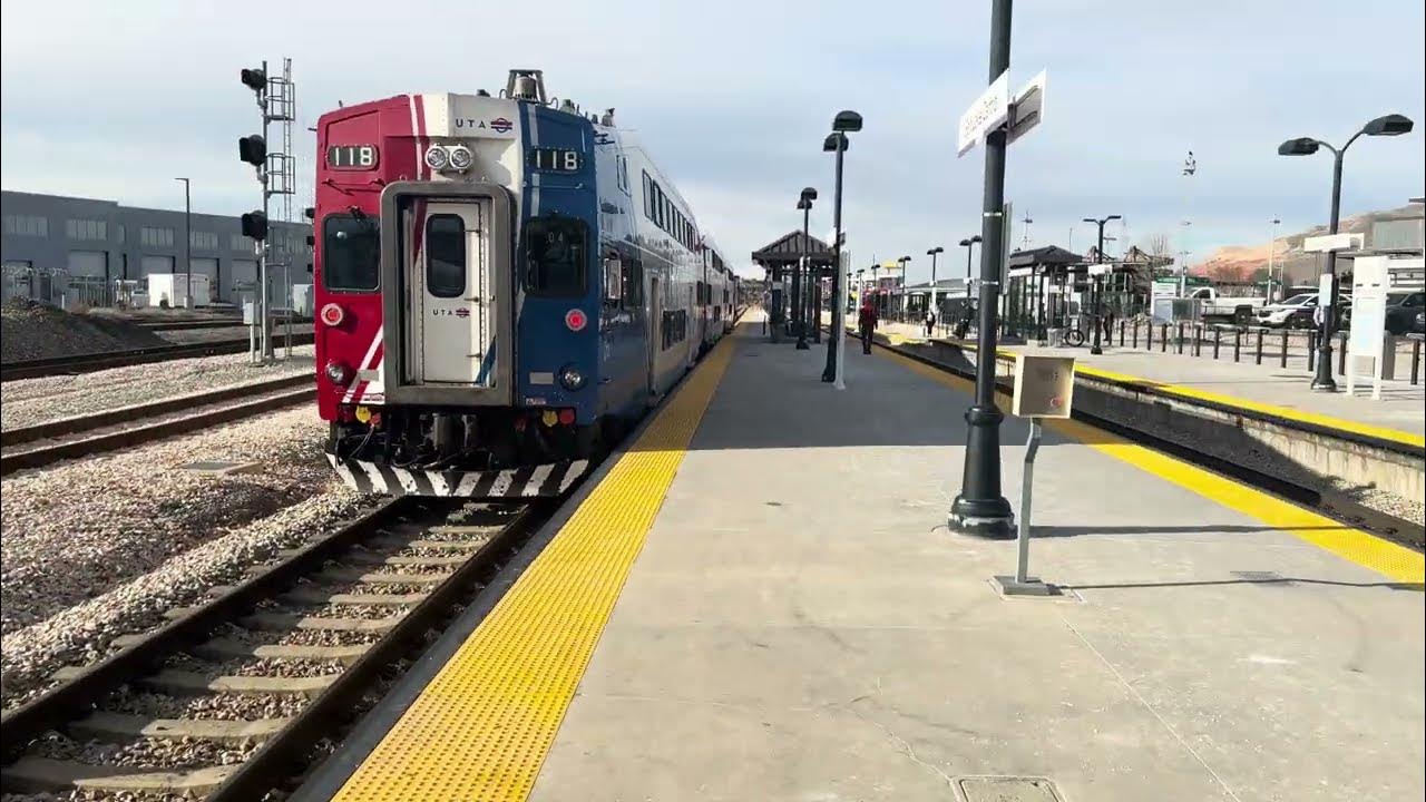 UTA FrontRunner MP36PH-3C 6 sounds its horn as it departs Salt Lake Central Station - YouTube