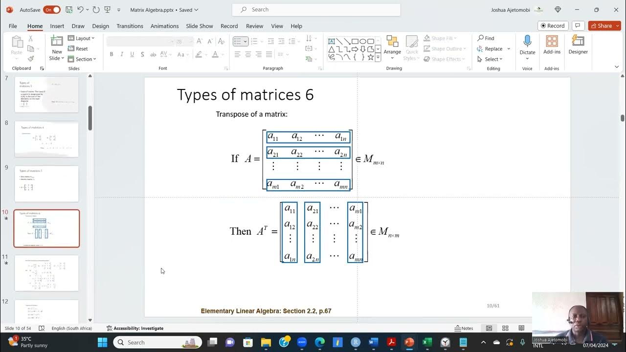 Introduction to Matrix Algebra Part 1 - YouTube