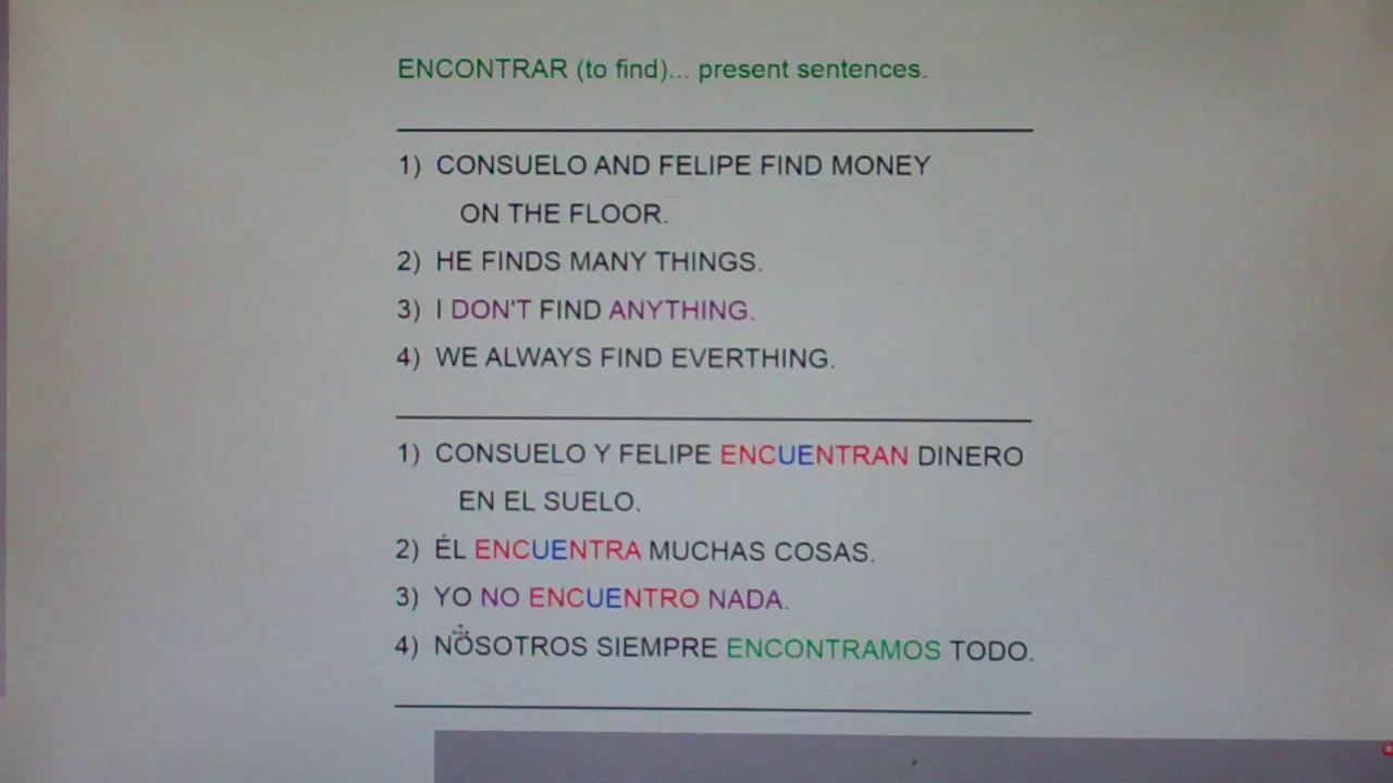ENCONTRAR (to Find) present sents: Consuelo and Felipe find money on ...