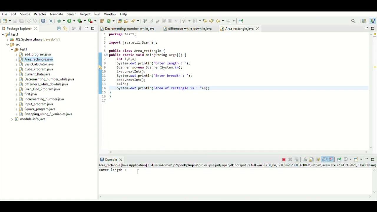 How to find the Area of rectangle using java eclipse - YouTube