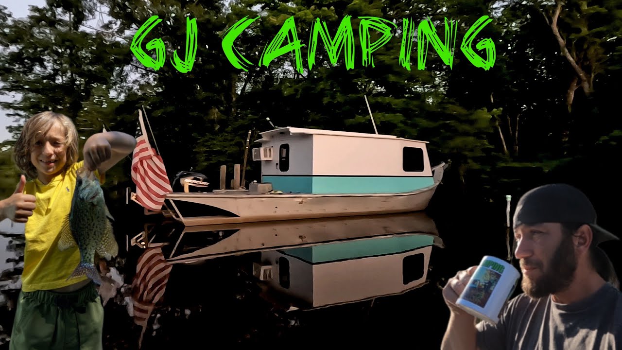 Father & son overnight boat camping on our home made house boat (aka ...