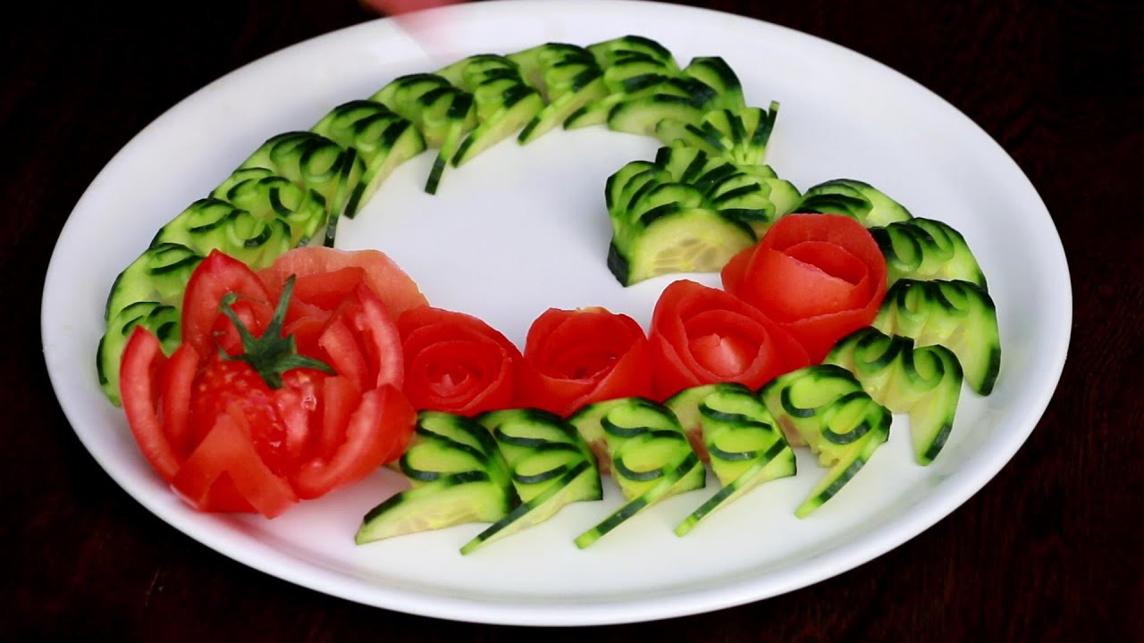 Art In Tomato Flower Garnish - Vegetable Carving - Cucumber Garnish ...