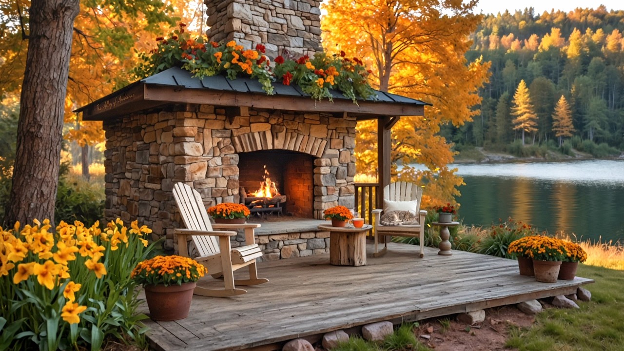 Autumn Fireplace on Cozy Porch by the Lake with Relaxing Nature Sounds ...