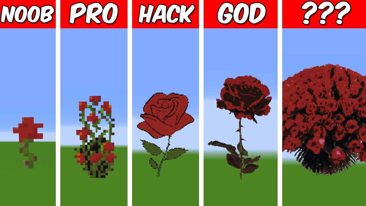 ROSE FLOWER Pixel Art Build in Minecraft ! Noob vs Pro vs Hacker vs God ...