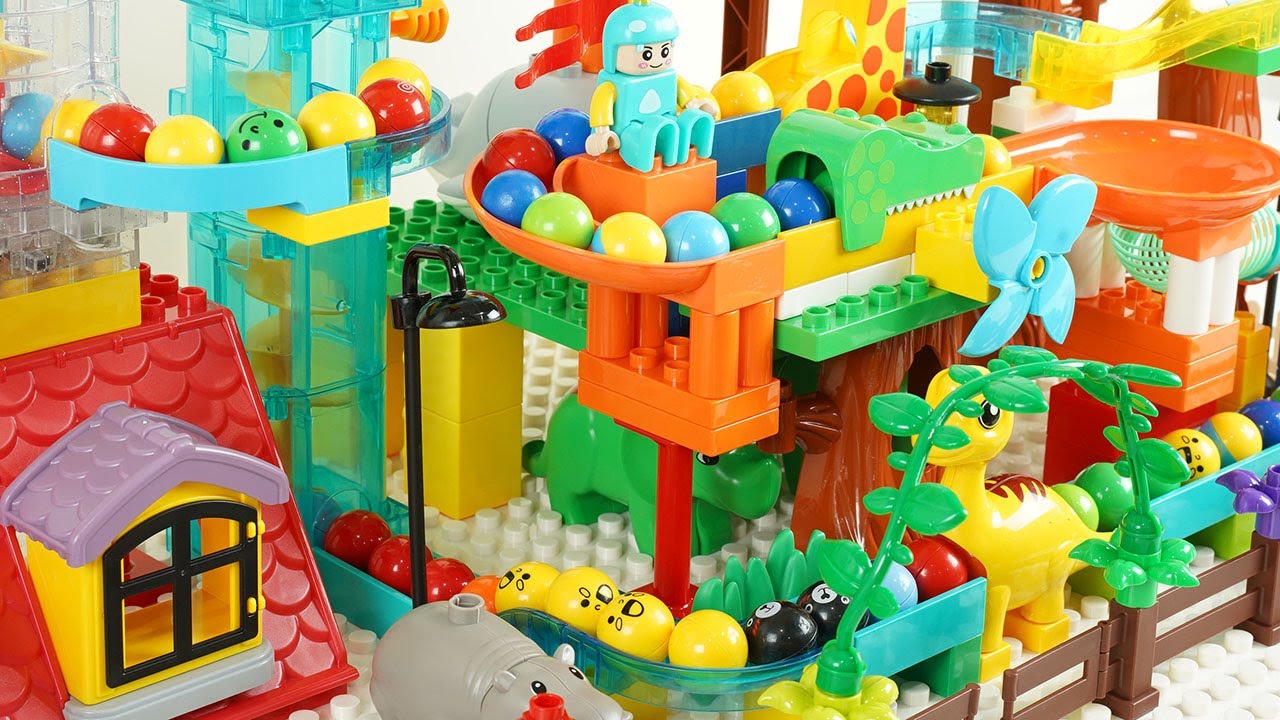 Marble Run Race ASMR ☆ Satisfying Building Block Coaster & Dinosaurs ...