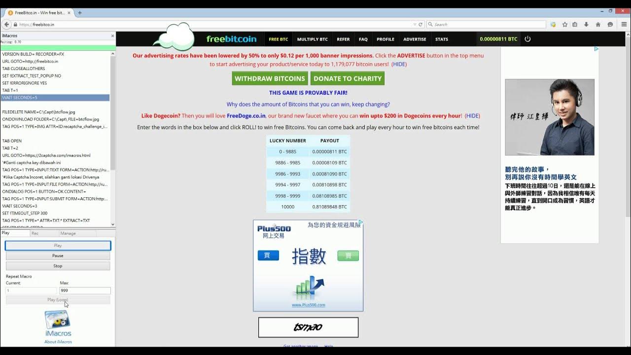 Freebitco.in iMacros bot with 2captcha - YouTube