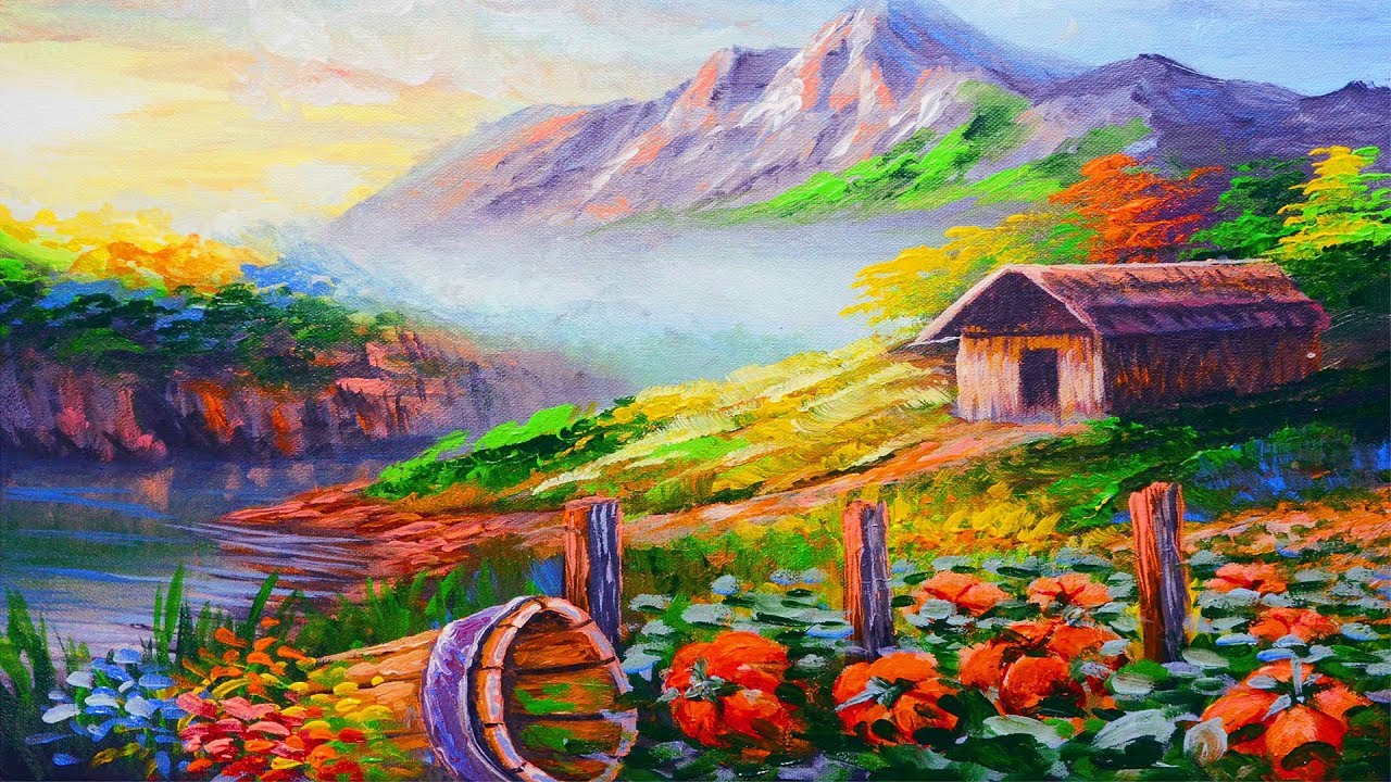 Riverside Barn House with Pumpkins Farm Painting Tutorial | Basic ...