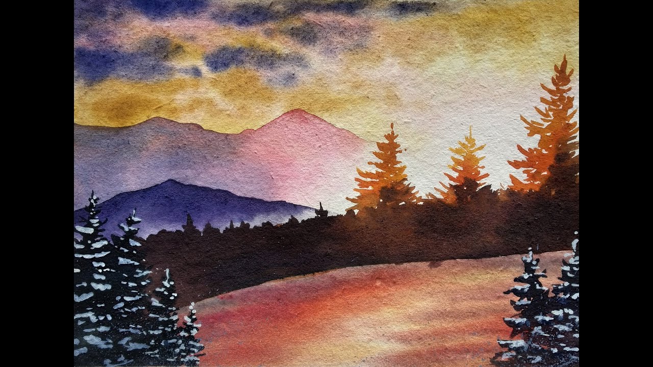 Easy Watercolor Sunrise Tutorial for Beginners Step By Step | Glowy Sky & Mountains | - YouTube