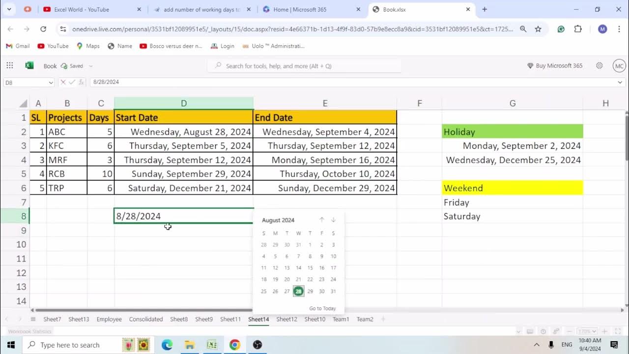 How to Calculate Project End Date excluding Weekends & Holidays - YouTube