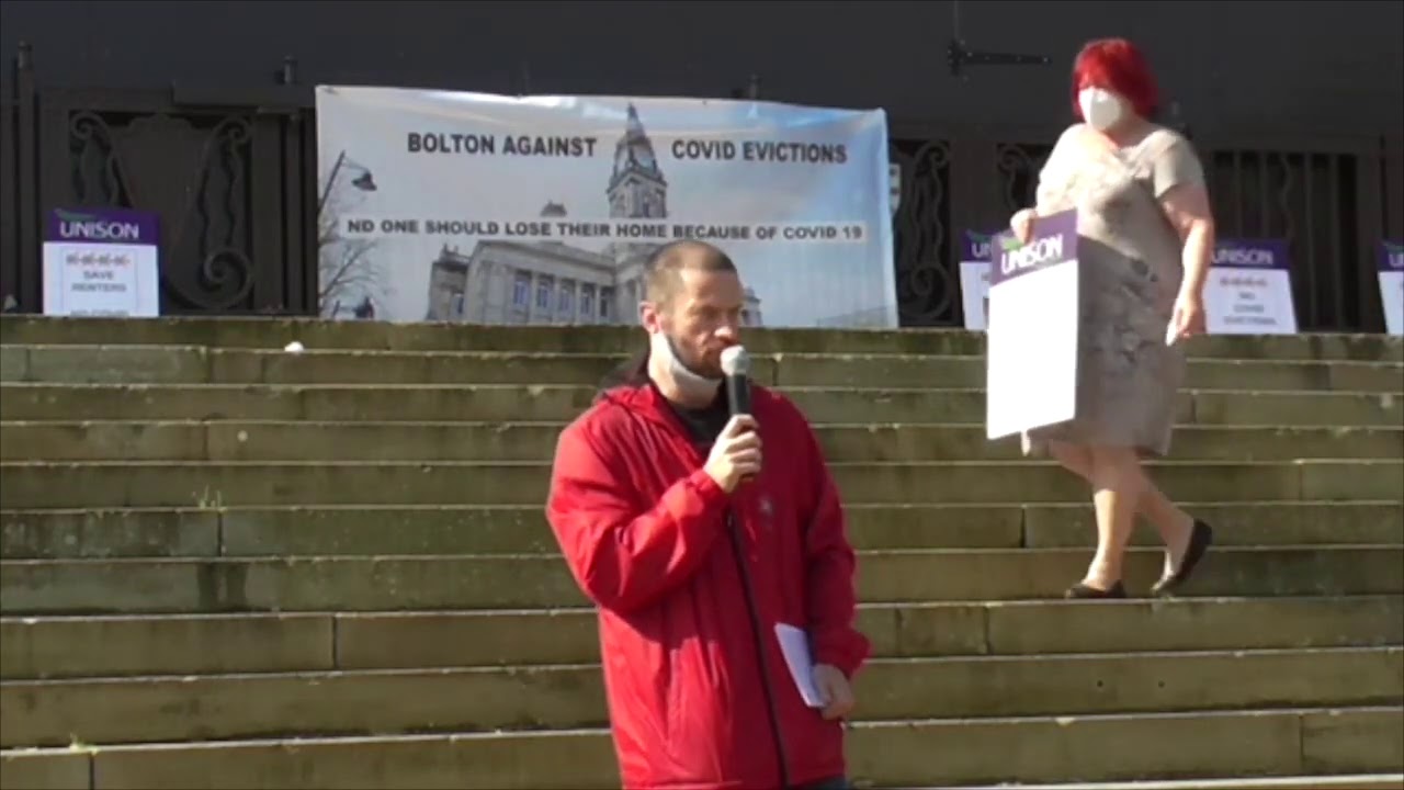 Ben Clay speaking at the Bolton Against Covid Evictions event on 21-09 ...