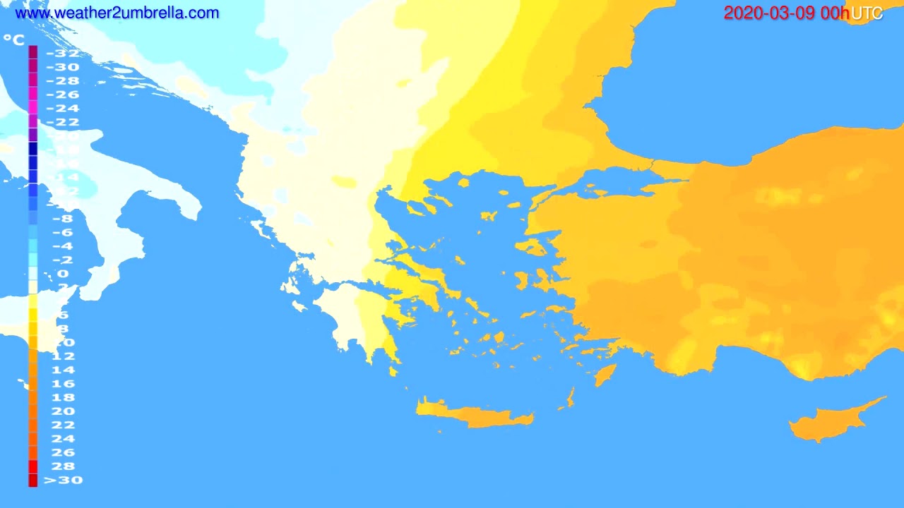 Temperature forecast Greece // modelrun: 00h UTC 2020-03-08 - YouTube