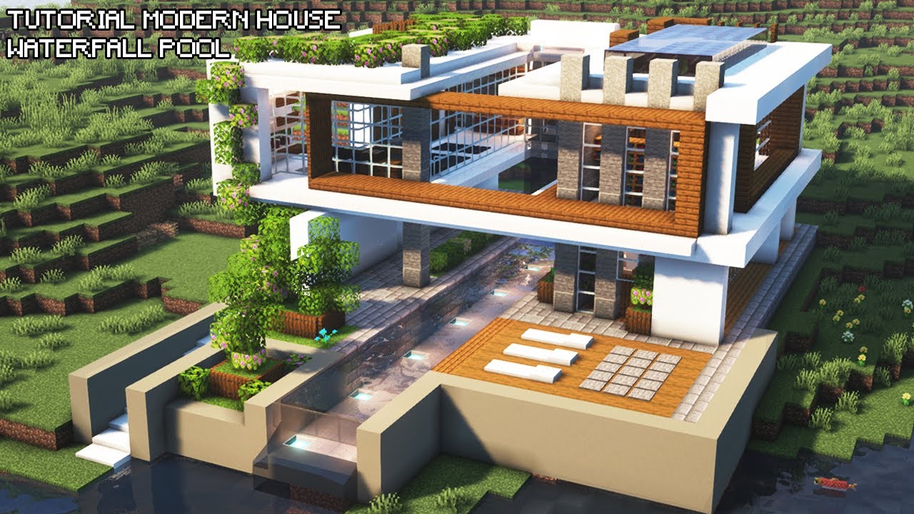 MINECRAFT: How to BUILD a MODERN HOUSE waterfall pool • TUTORIAL ...