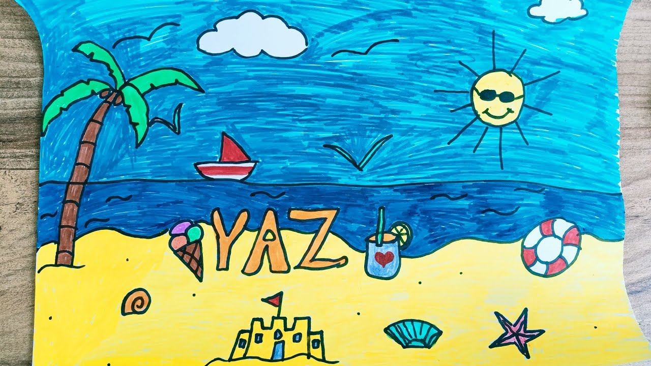 Yaz resmi çizimi, yaz tatili resim çizimi,deniz resmi - YouTube
