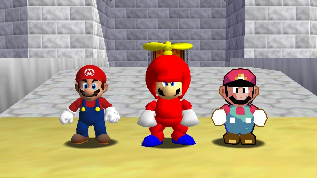 Propeller Mario, Galaxy Mario and Mario World Mario in Super Mario 64 ...