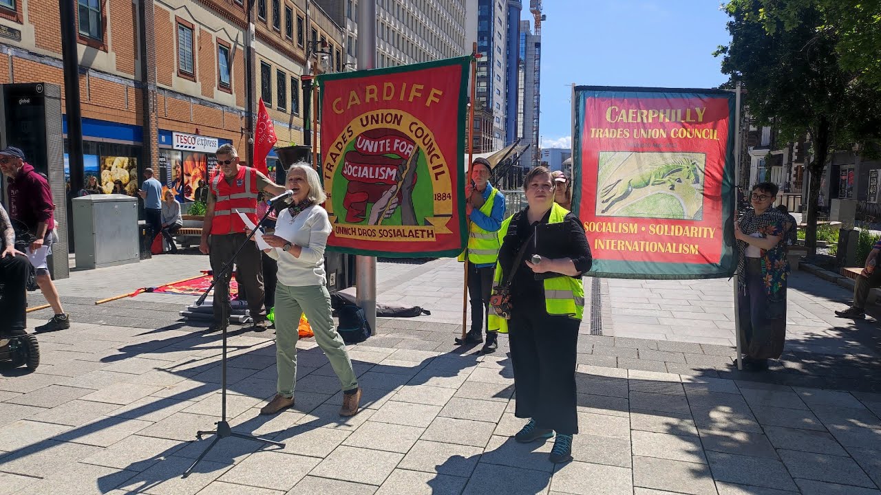 May Day Union march rally demo in Cardiff Central. - YouTube