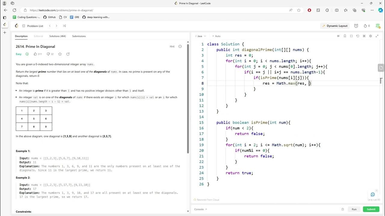 LeetCode 2614 | Prime In Diagonal | Java - YouTube