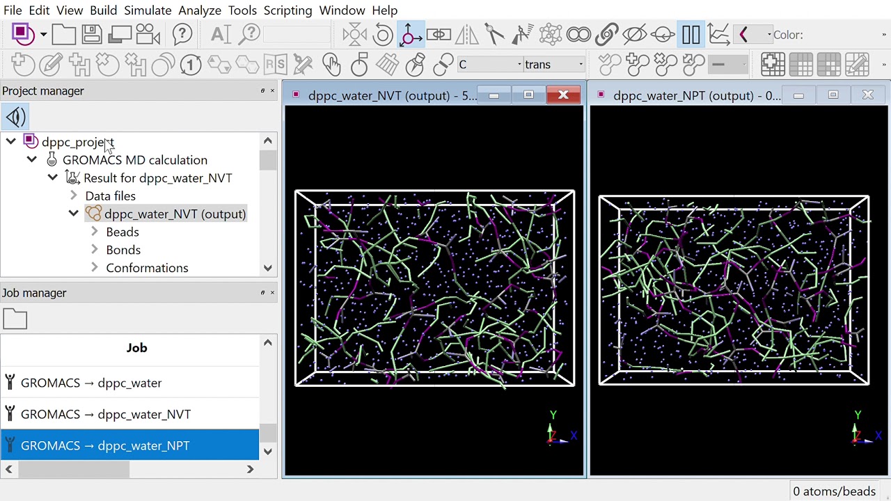 NVT and NPT simulations of bilayer formation with SCIENOMICS MAPS GROMACS plugin - YouTube
