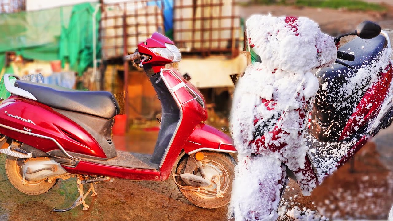Bike Wash : Dirty Honda Activa Red Color Scooter Foam Hand Washing with ...