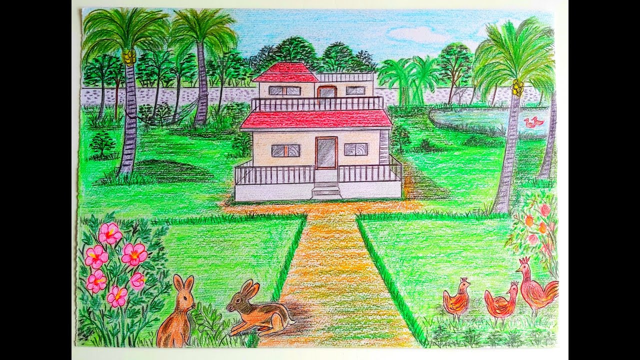 Drawing of a house in its beautiful environement #rabbits#hens#ducks# ...